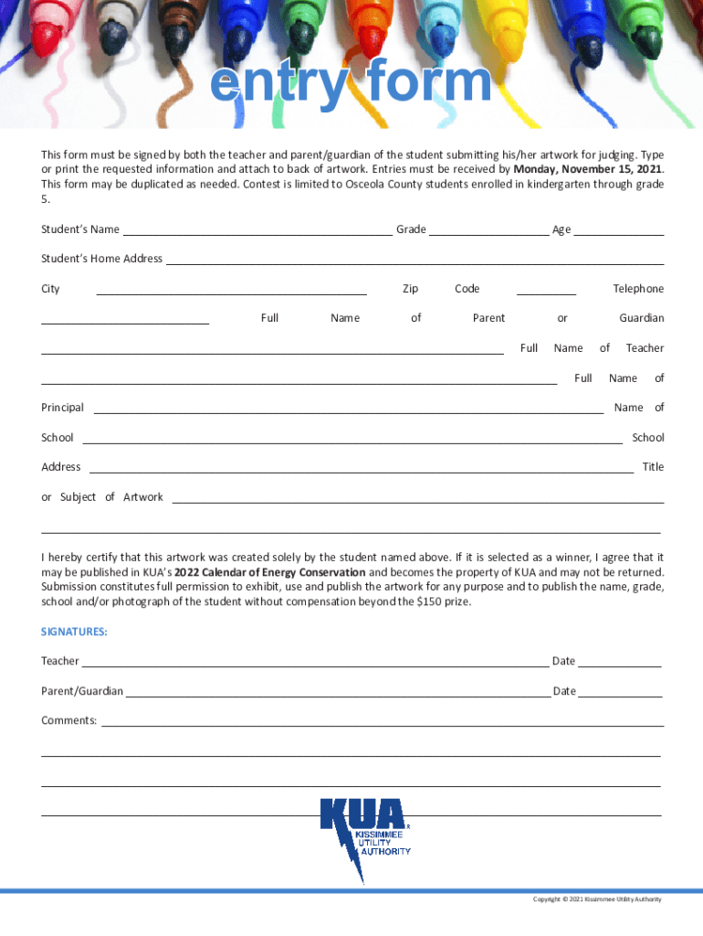 Fillable Online Students can now enter annual contest for KUA Calendar ...