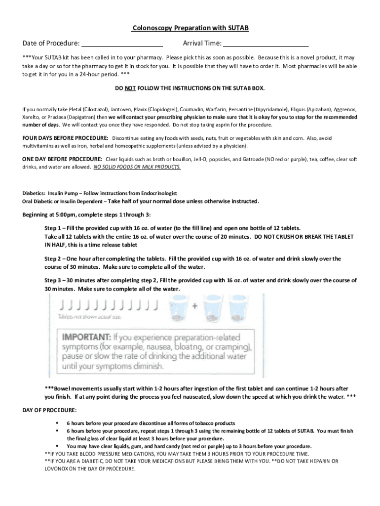 Fillable Online Colonoscopy Preparation with SUTAB Date of Procedure ...