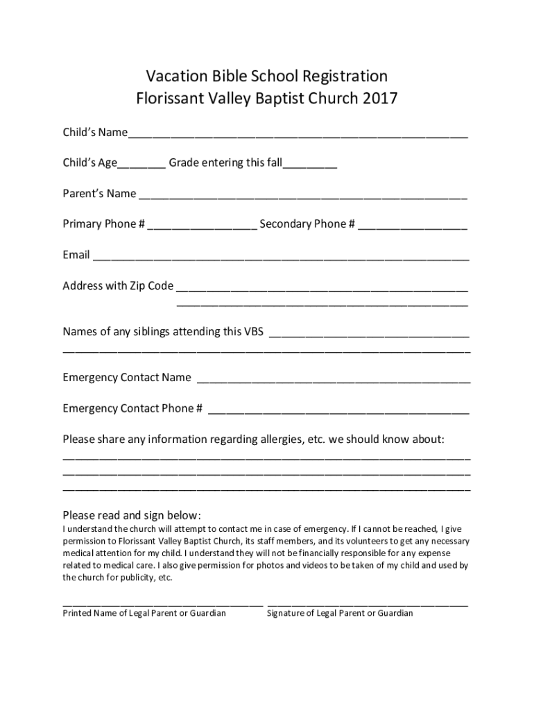 Fillable Online Vacation Bible School-Registration Form First Baptist ...