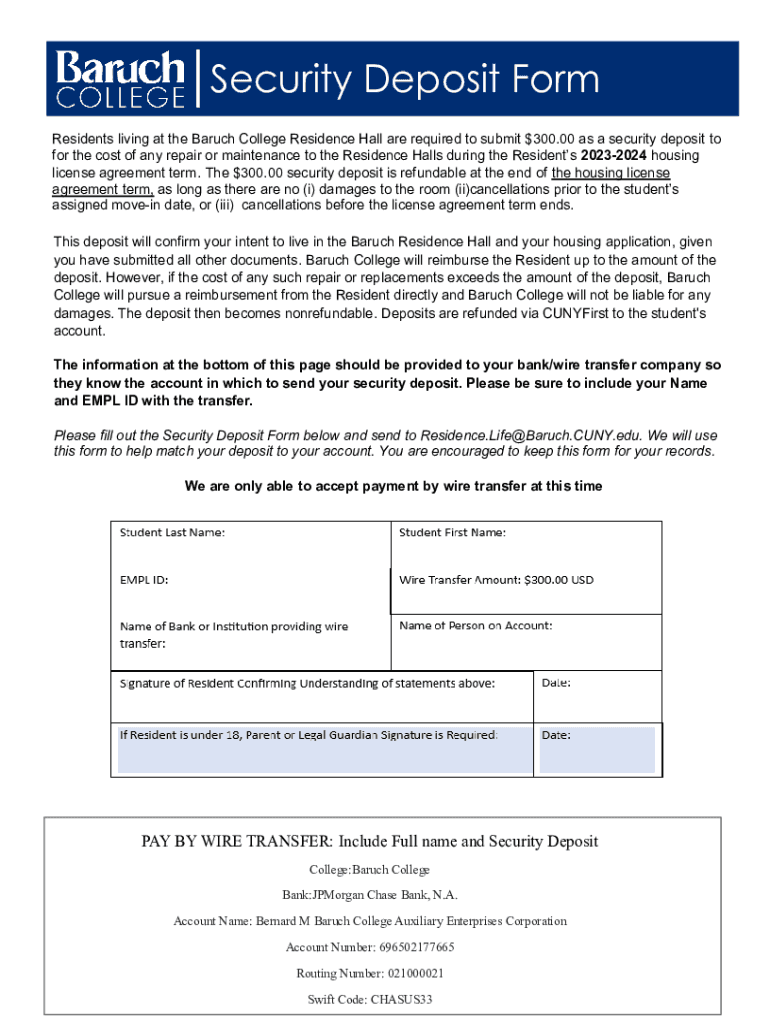 Fillable Online Security Deposit Form Student Affairs Fax Email Print ...