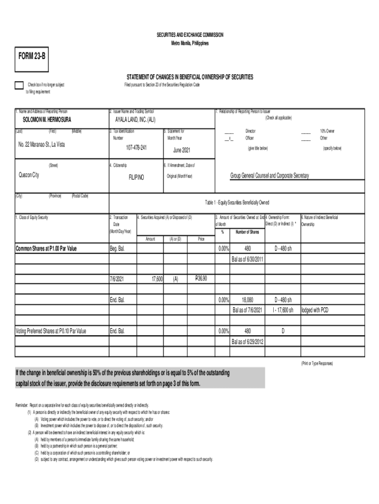 Fillable Online form 23-b statement of changes in beneficial ownership ...