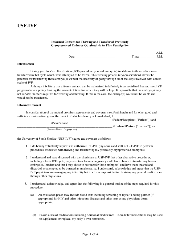 Fillable Online health usf Informed Consent for Thawing and Transfer of ...