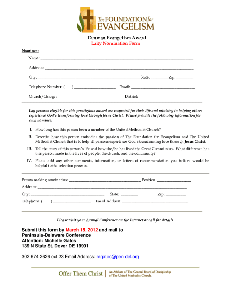 Fillable Online Denman Evangelism Award - Laity Nomination Form Fax ...