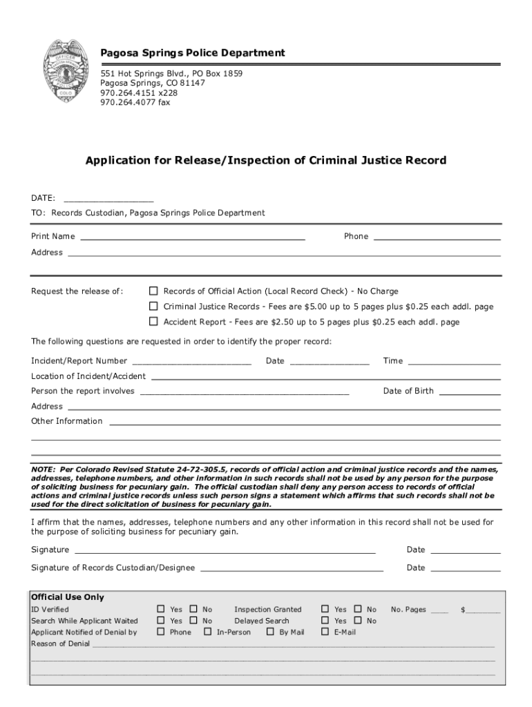 Fillable Online Application for Release/Inspection of Criminal Justice ...