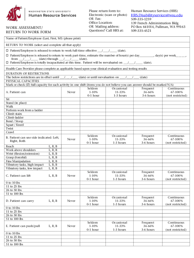 Fillable Online hrs wsu Work Assessment/ Return to Work Form Fax Email ...