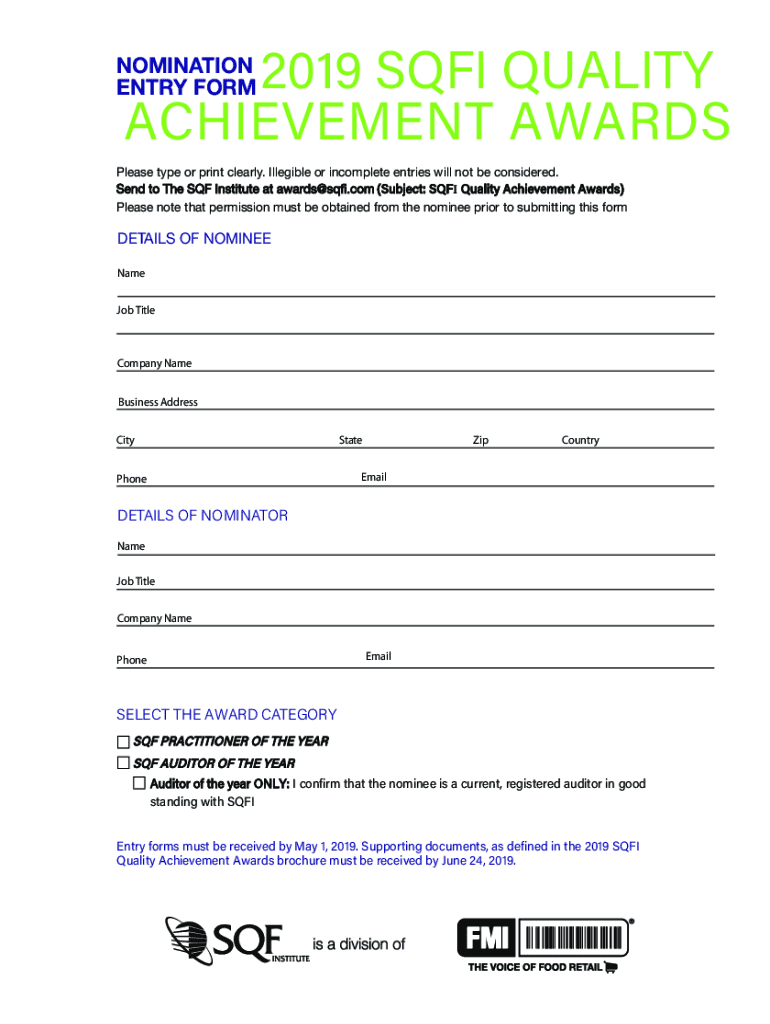 Fillable Online SQF Excellence Awards: Coming Together to Recognize ...