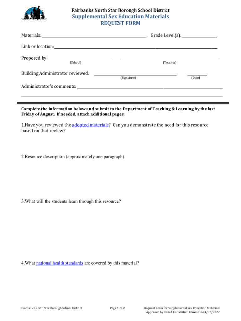 Fillable Online Supplemental Sex Education Materials REQUEST FORM Fax ...