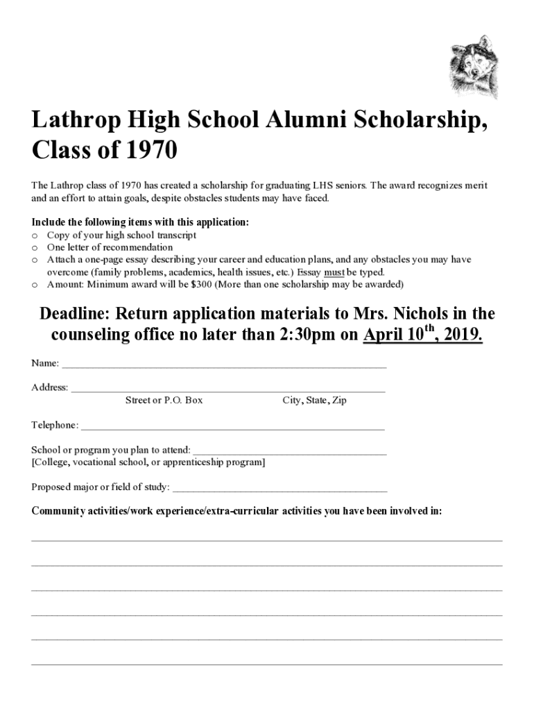 Fillable Online Alumni Scholarship Application 2019.doc Fax Email Print - pdfFiller