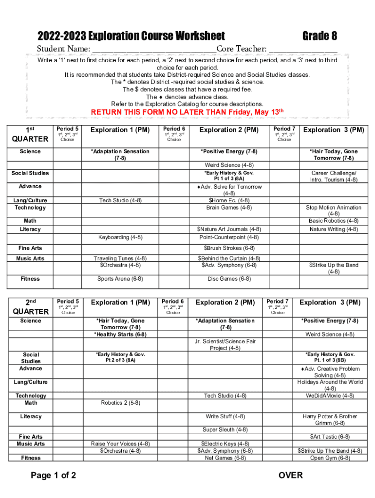 Fillable Online 2022-2023 Exploration Course Worksheet Grade 8 Fax Email Print - pdfFiller