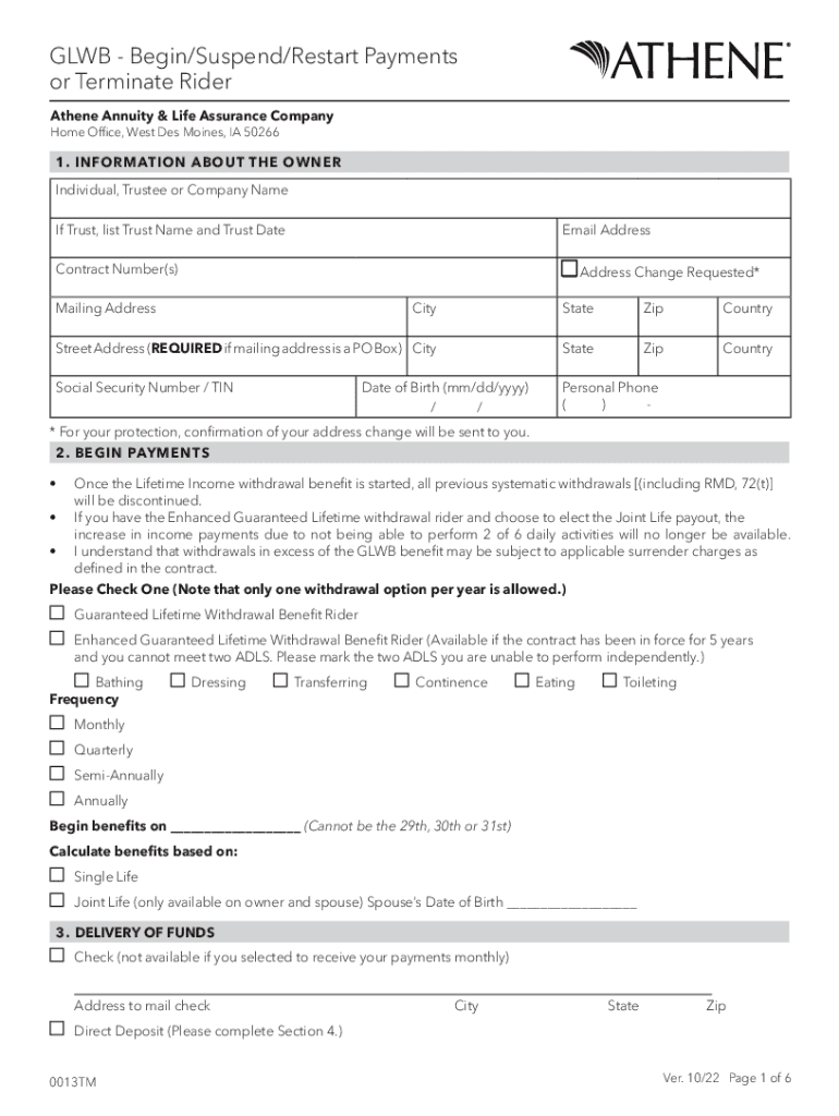 Fillable Online GLWB - Begin/Suspend/Restart Payments or Terminate Rider Fax Email Print - pdfFiller