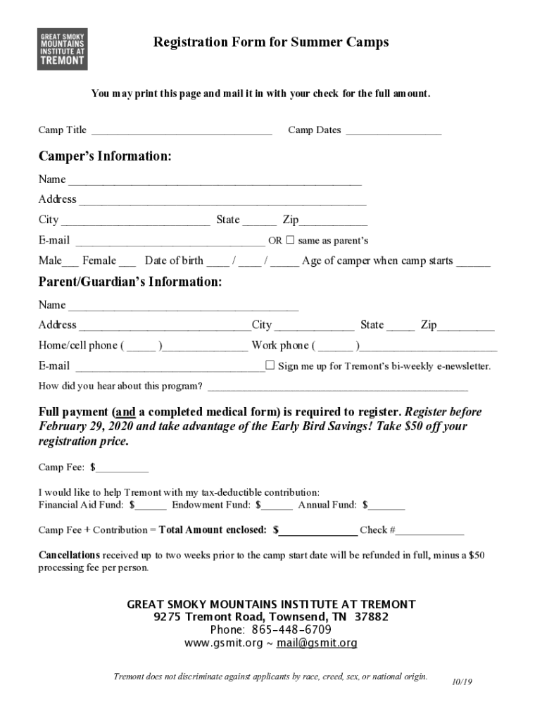 Fillable Online Registration Form for summer camps 2020.docx Fax Email Print - pdfFiller