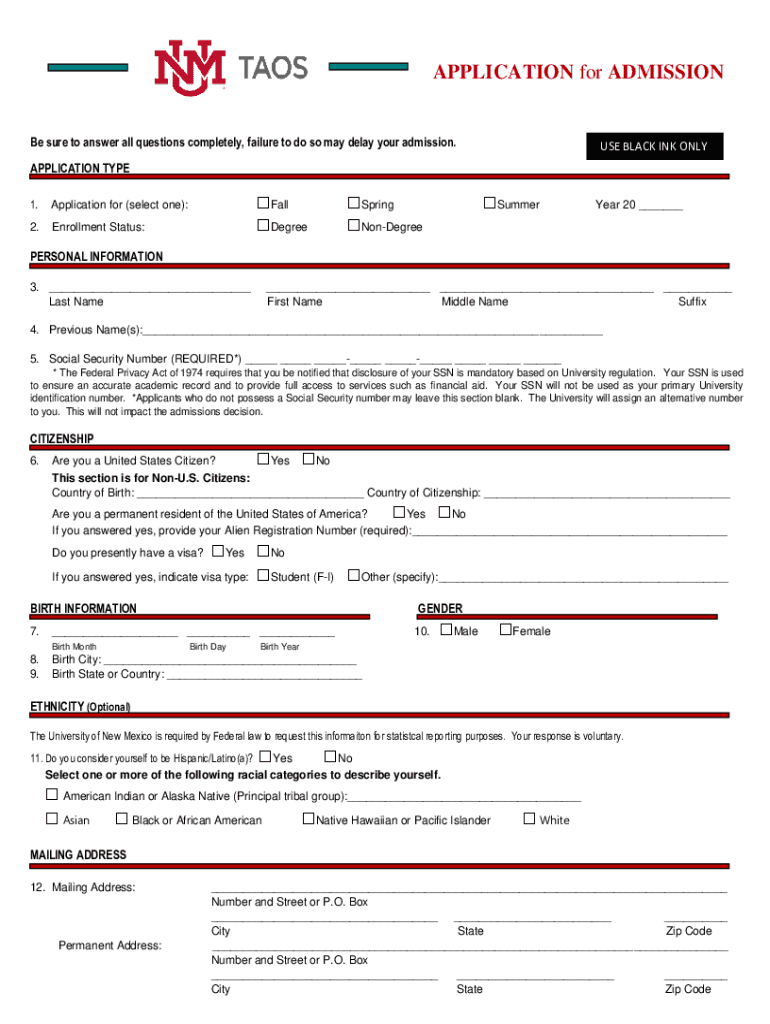 Fillable Online taos unm APPLICATION for ADMISSION - UNM-Taos Fax Email ...