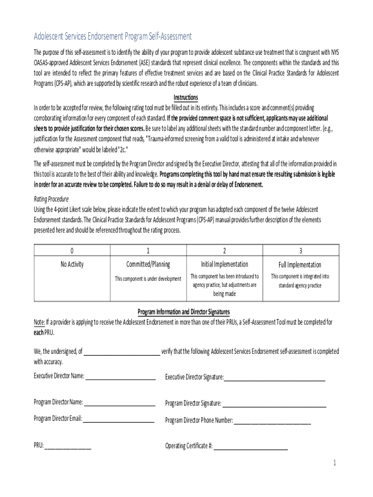 Fillable Online oasas ny Adolescent Services Endorsement Program Self ...