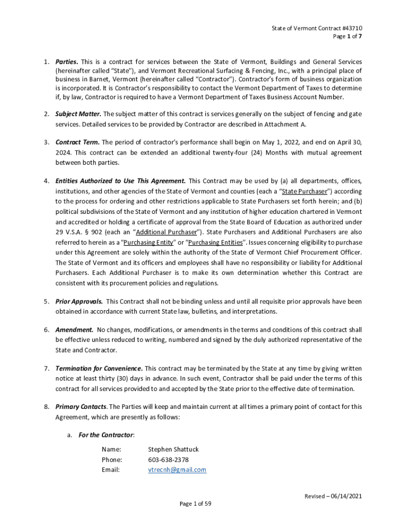 Fillable Online bgs vermont State of Vermont Contract #43710 Page 1 of ...