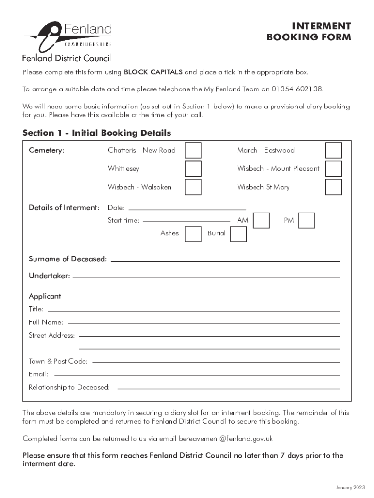 Fillable Online INTERMENT BOOKING FORM Fax Email Print - pdfFiller