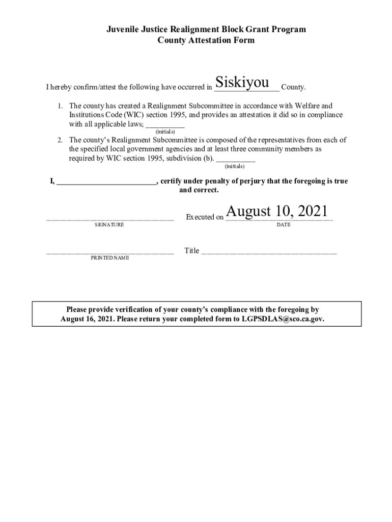 Fillable Online Juvenile Justice Realignment Block Grant Funding County ...