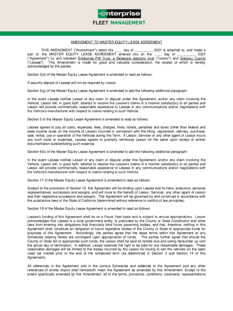 Fillable Online Amendment to Master Equity Lease Agreement Fax Email Print - pdfFiller