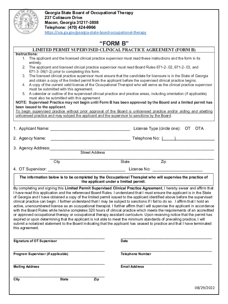 Fillable Online sos ga 14 Limited Permit Supervised Clinical Practice Agreement (Form B)08292022 ...