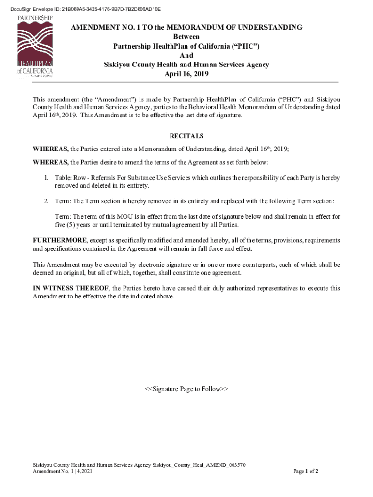 Fillable Online AMENDMENT NO. 1 TO the MEMORANDUM OF ... Fax Email Print - pdfFiller