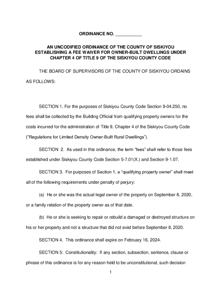 Fillable Online an urgency ordinance of the county of siskiyou Fax Email Print - pdfFiller