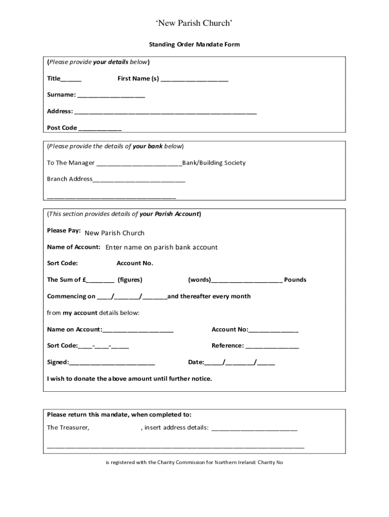 Fillable Online Thank you Parish Gift Aid Form Standing Order ... Fax ...
