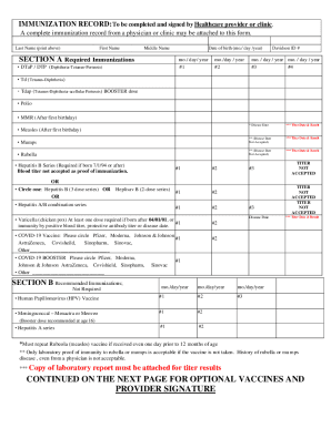 Fillable Online Davidson College Immunization Record Form. Immunization ...