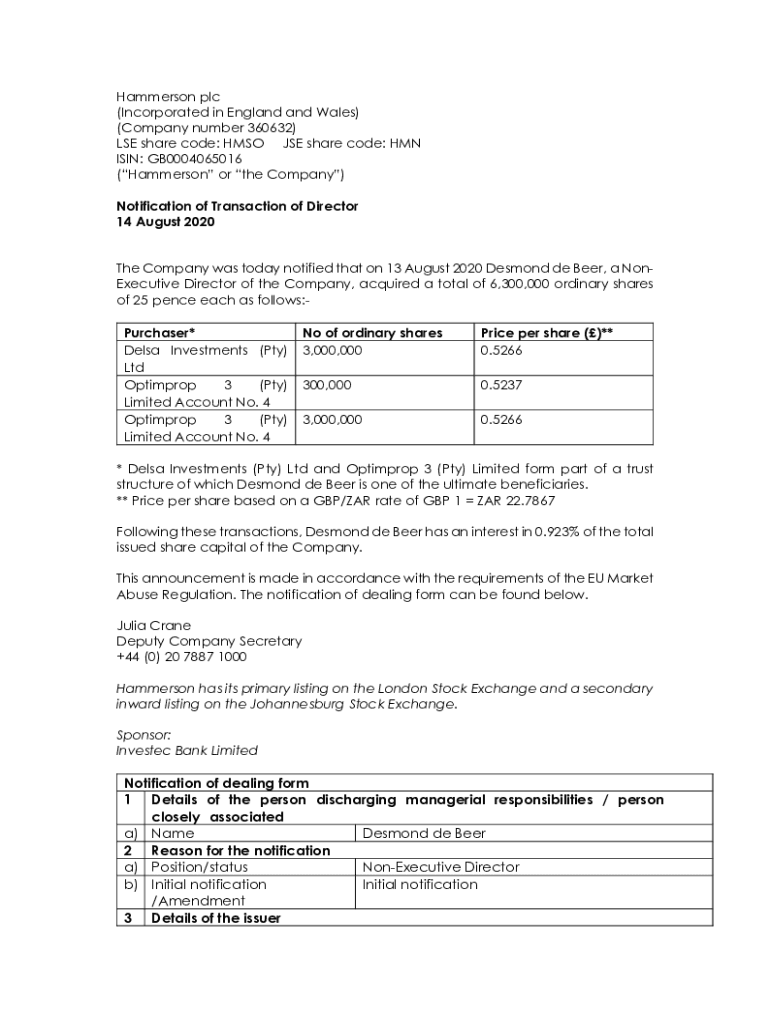 Fillable Online Hammerson : Notification of Transaction of Director and ...
