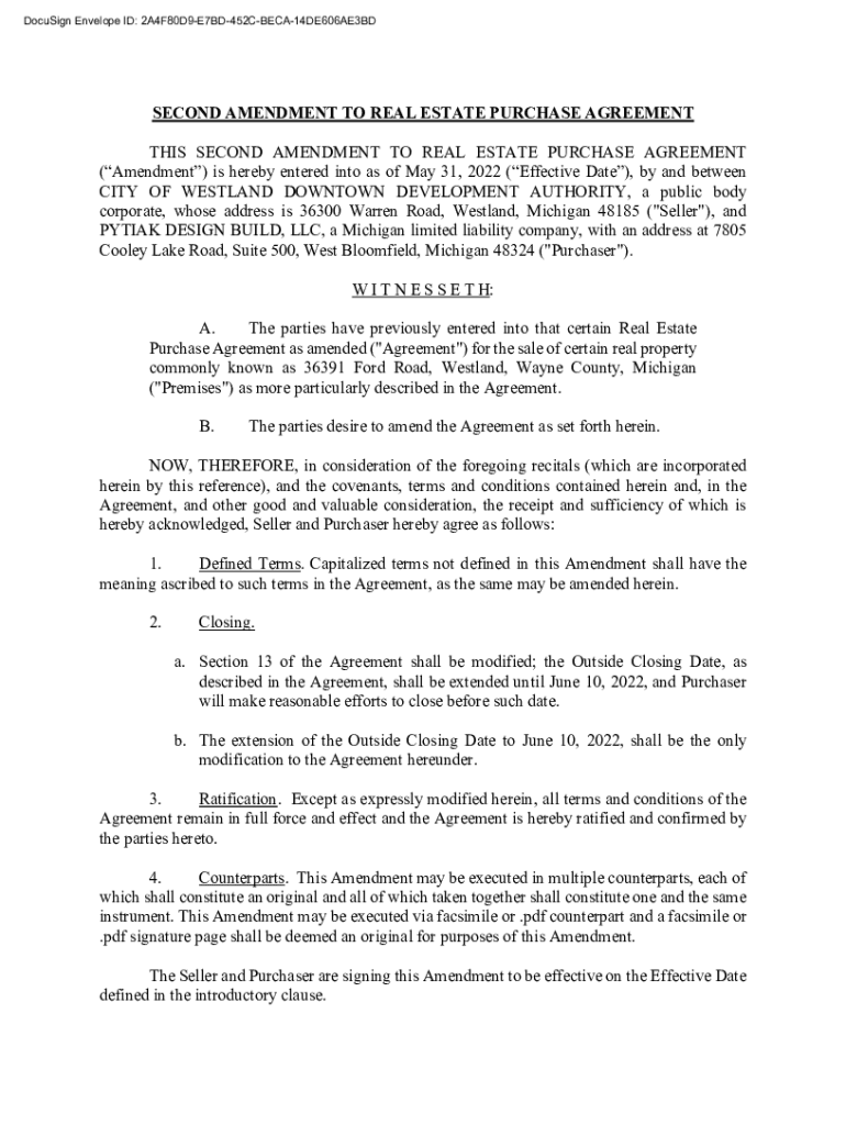 Fillable Online Second Amendment to Purchase Agreement Pytiak PDF ...