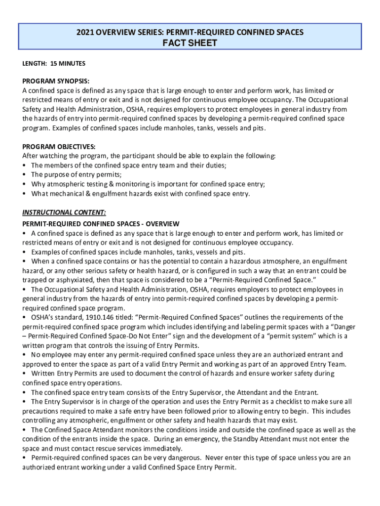 Fillable Online PERMIT-REQUIRED CONFINED SPACES FACT SHEET Fax Email ...