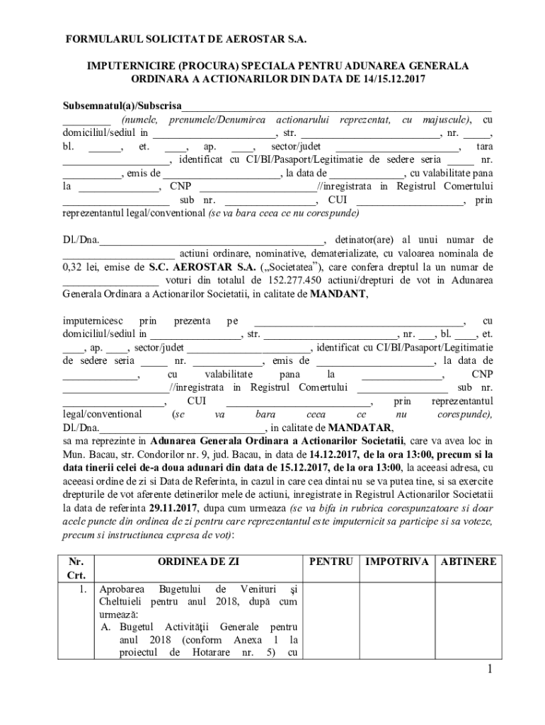 Fillable Online FORMULARUL SOLICITAT DE AEROSTAR S.A. IMPUTERNICIRE ...