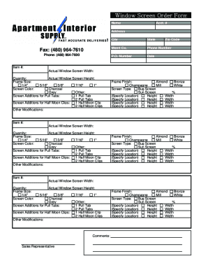 Fillable Online Window Screen Order Form / Request for Quote Fax Email ...