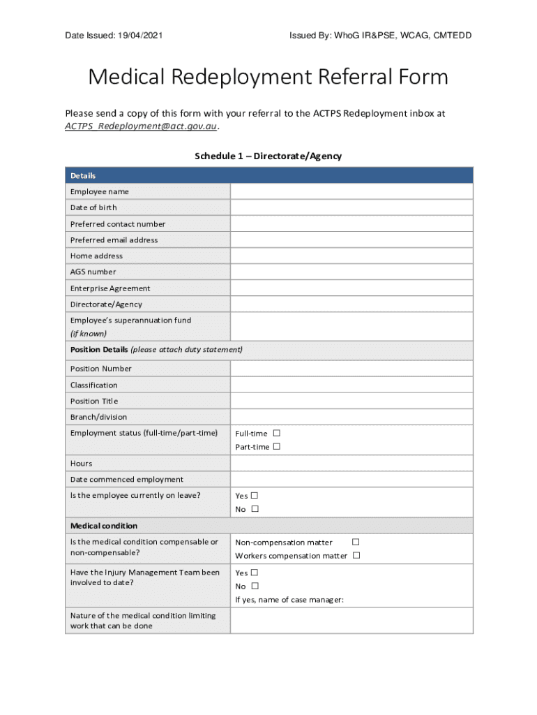 Fillable Online Medical Redeployment Referral Form. Medical ...