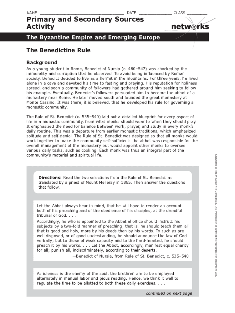 Fillable Online Primary and Secondary Sources Activity: The Benedictine Rule Fax Email Print ...