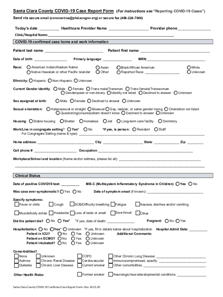 Fillable Online Fillable Santa Clara County COVID-19 Case Report Form ... Fax Email Print ...