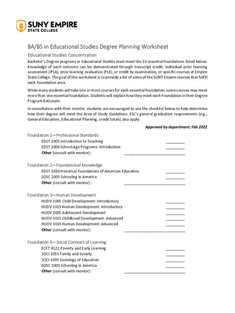 Fillable Online BA/BS in Educational Studies Degree Planning Worksheet ...