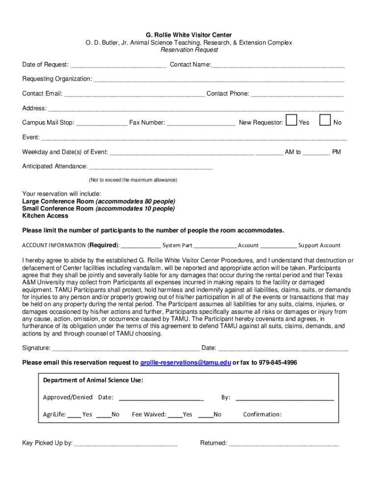 Fillable Online animalscience tamu G. Rollie White Visitor Center O. D ...