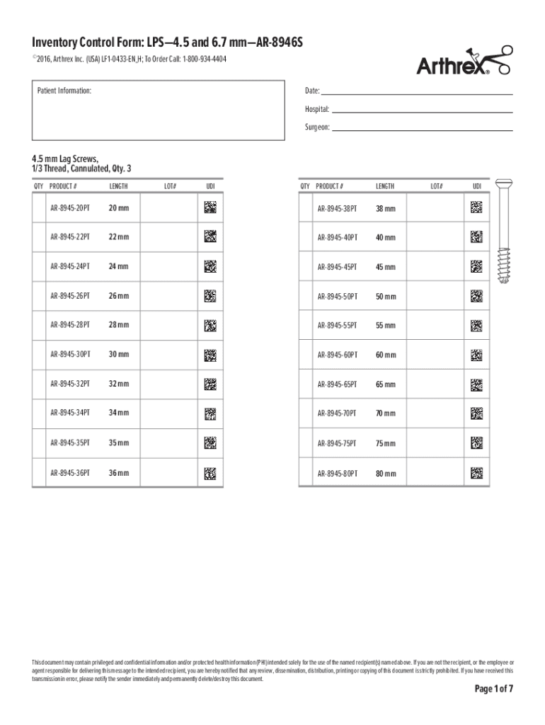 Fillable Online Inventory Control Form: LPS4.5 and 6.7 mm - AR-8946S ...