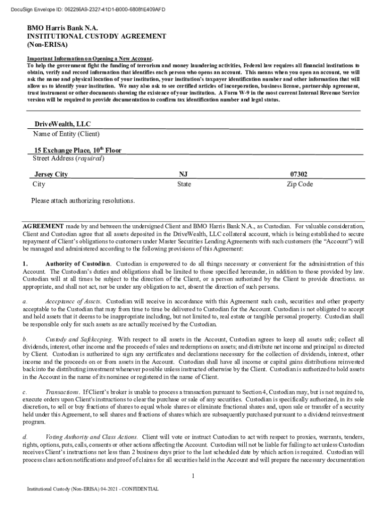 Fillable Online BMO Harris Bank N.A. INSTITUTIONAL CUSTODY AGREEMENT ...