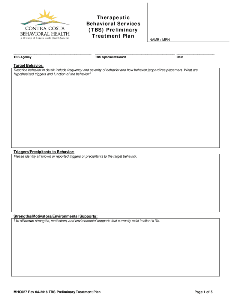 Fillable Online Therapeutic Behavioral Services (TBS) Preliminary ...