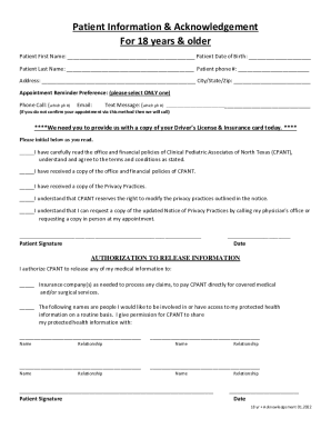 Fillable Online Patient Information & Acknowledgement For 18 years ...