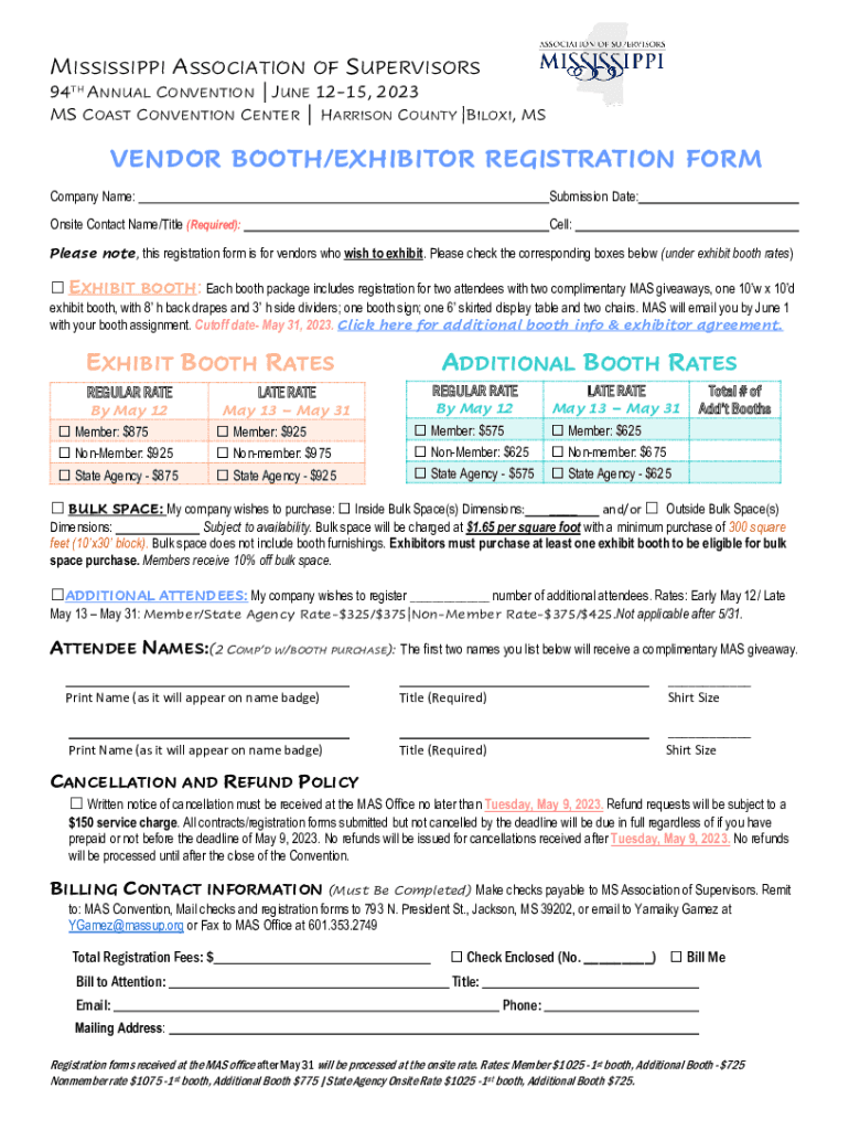 Fillable Online VENDOR BOOTH/EXHIBITOR REGISTRATION FORM Fax Email ...