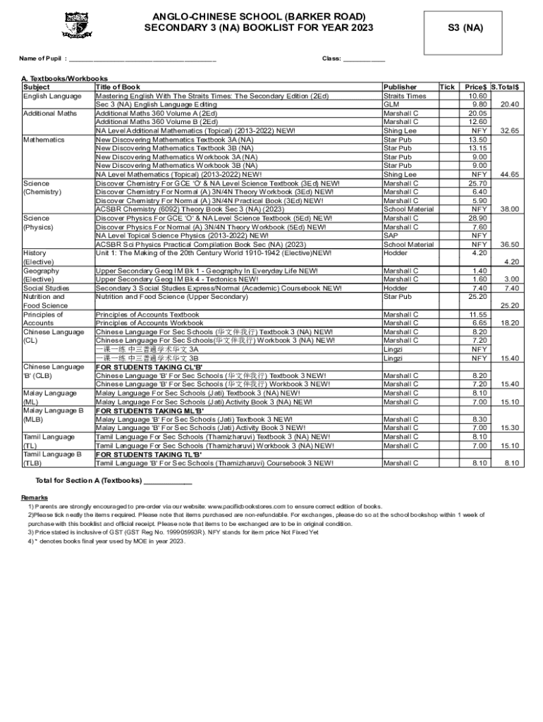 Fillable Online ANGLO-CHINESE SCHOOL (BARKER ROAD) SECONDARY 3 (NA ...