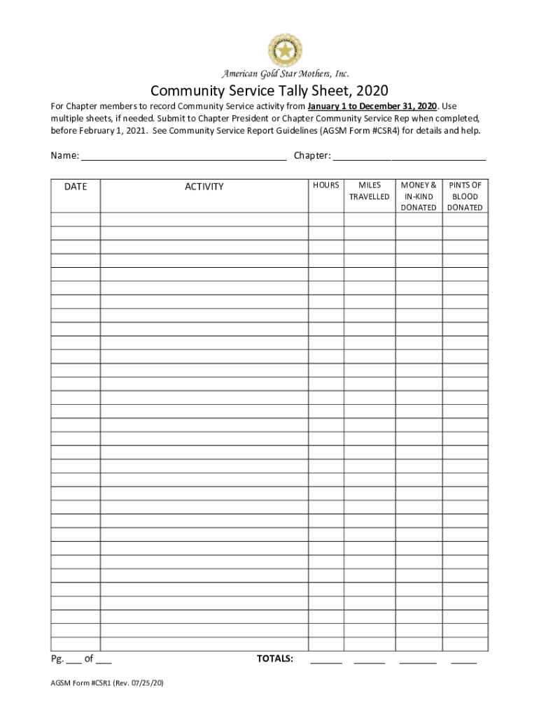 Fillable Online Community Service Tally Sheet, 2020 Fax Email Print ...