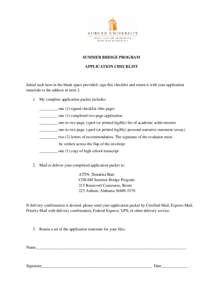 Fillable Online SUMMER BRIDGE PROGRAM APPLICATION CHECKLIST Initial ... Fax Email Print - pdfFiller