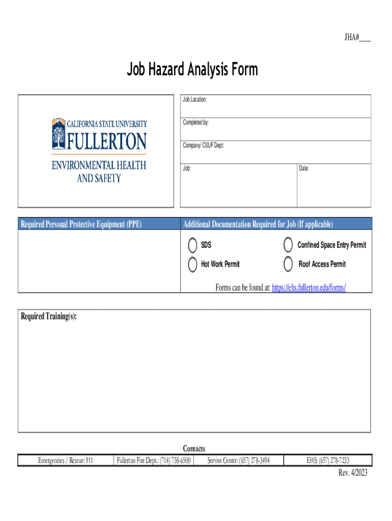 Fillable Online ehs fullerton JHA Formal Form. JHA Formal Form Fax ...