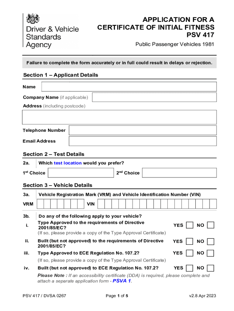 Fillable Online Certificate of Initial Fitness - Vehicle approval Fax ...