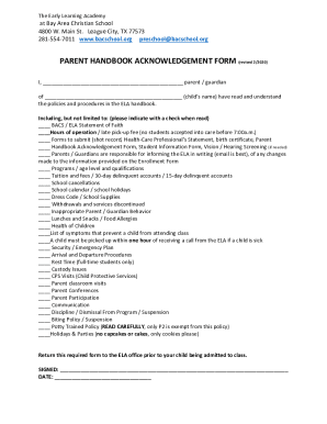 Fillable Online Parent Handbook Acknowledgement Form checklist.docx Fax ...