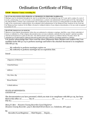 Fillable Online Ordination Certificate of Filing - Houston County Fax ...