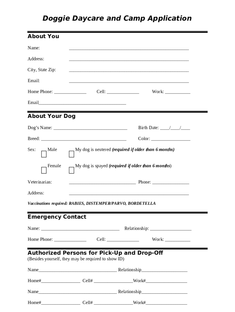 Doggie Daycare and Camp Bow Wow Application Doc Template | pdfFiller