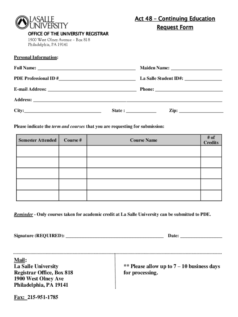 Fillable Online Act 48 Continuing Education Request Form Mail Fax Email ...